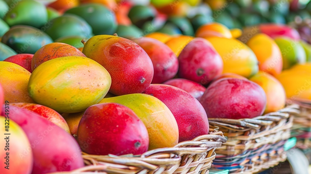 Vibrant mangoes in handcrafted baskets at tropical fruit market amid ...