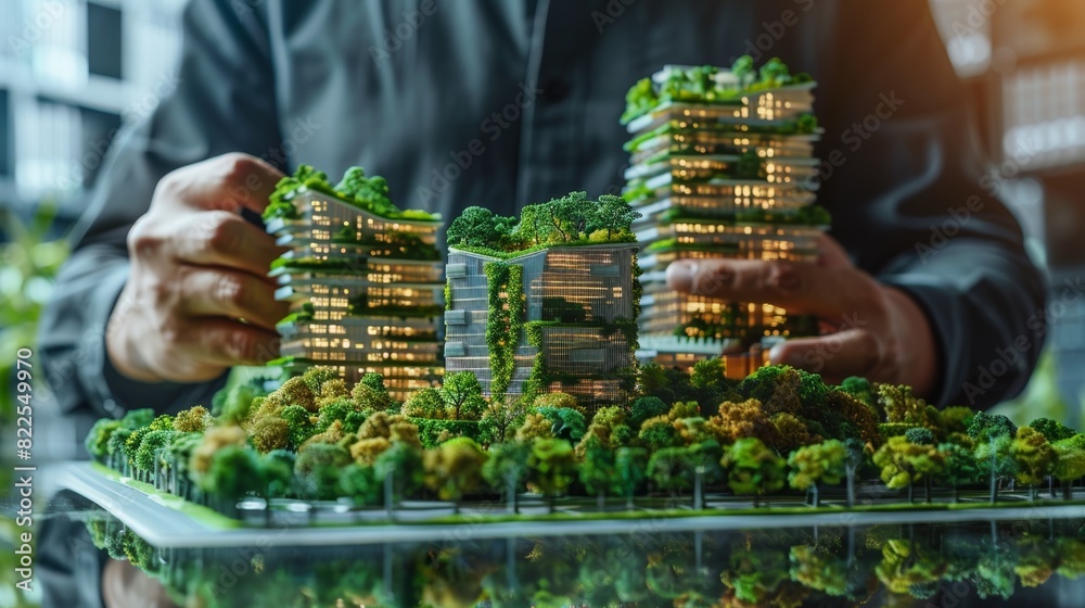 An architect presenting a BIM model of twin green buildings, showcasing ...