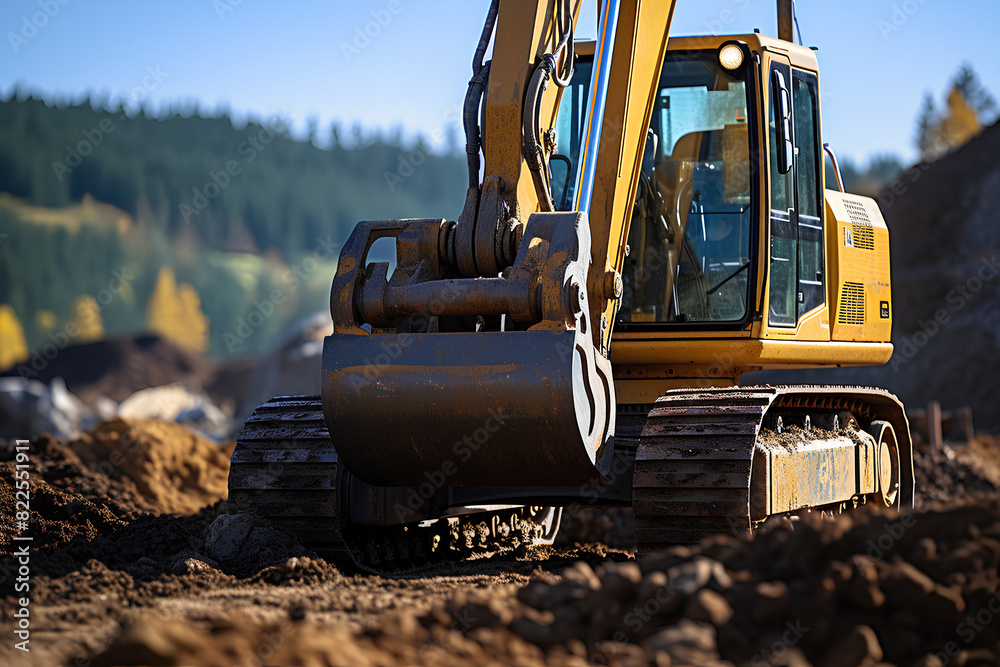 Backhoe working by digging soil at construction site. Crawler excavator ...