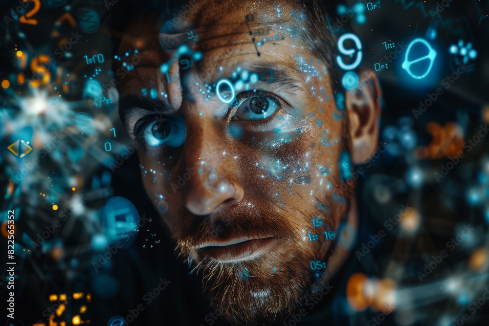 Concentrated and focused man with various math symbols and digits ...