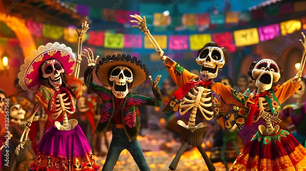 Skeletons wearing traditional Mexican clothing dance in a festive ...