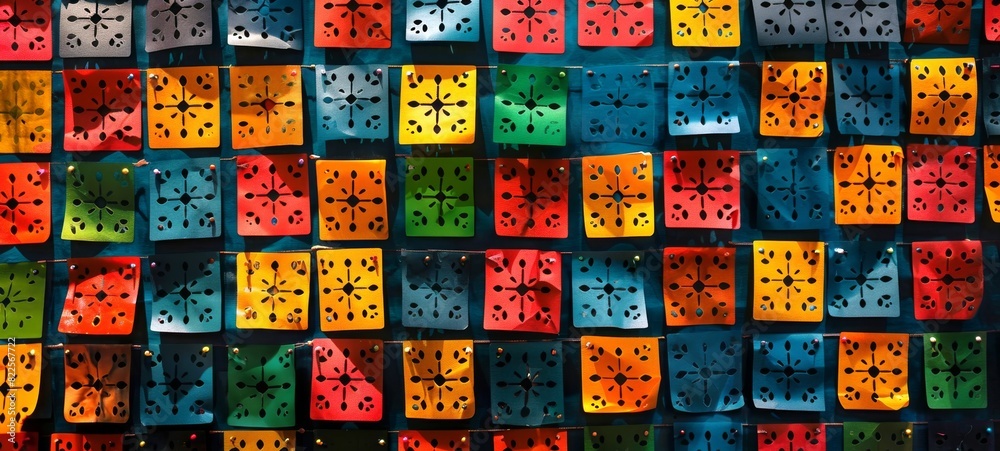 Colorful paper flags hanging on dark background. Papel picado. Mexican ...