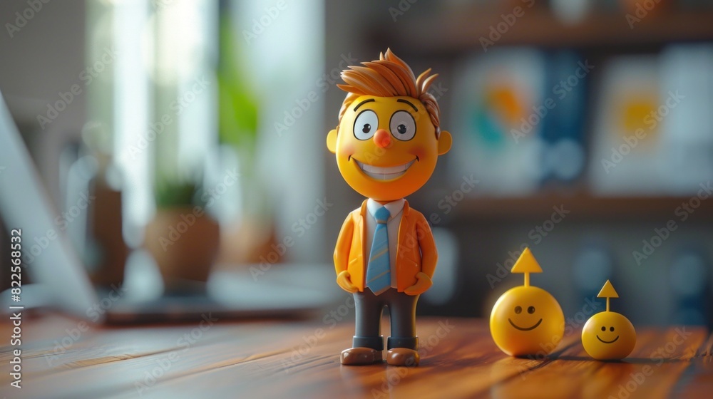 3D animated business figure with a comical smile and high rating chart ...
