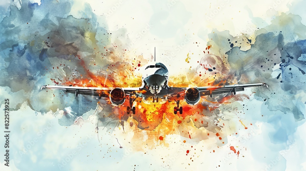 Watercolor illustration of a plane on fire during takeoff. Painting of ...
