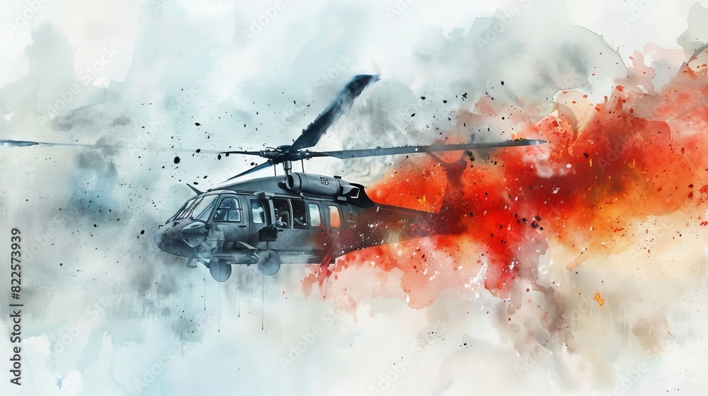 Helicopter on fire. Burning chopper with aquarelle splashes. Concept of ...