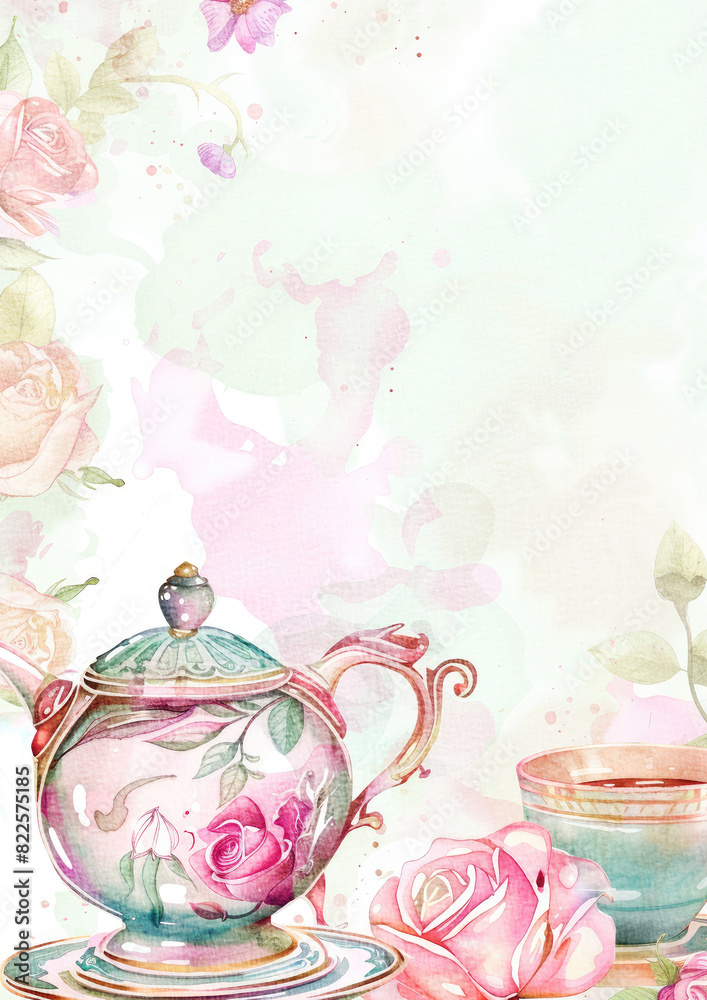 watercolor english afternoon tea with tea pot, tea cup, and roses ...