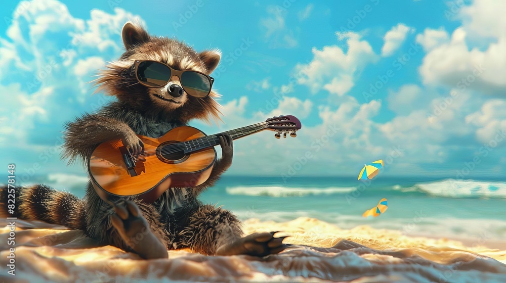 cool raccoon wearing sunglasses and playing guitar on the beach ...
