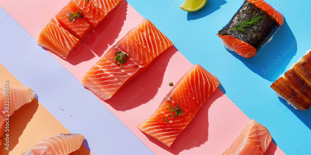 Aesthetic diced sashimi, slicing of red fish fillets, smoked salmon on ...