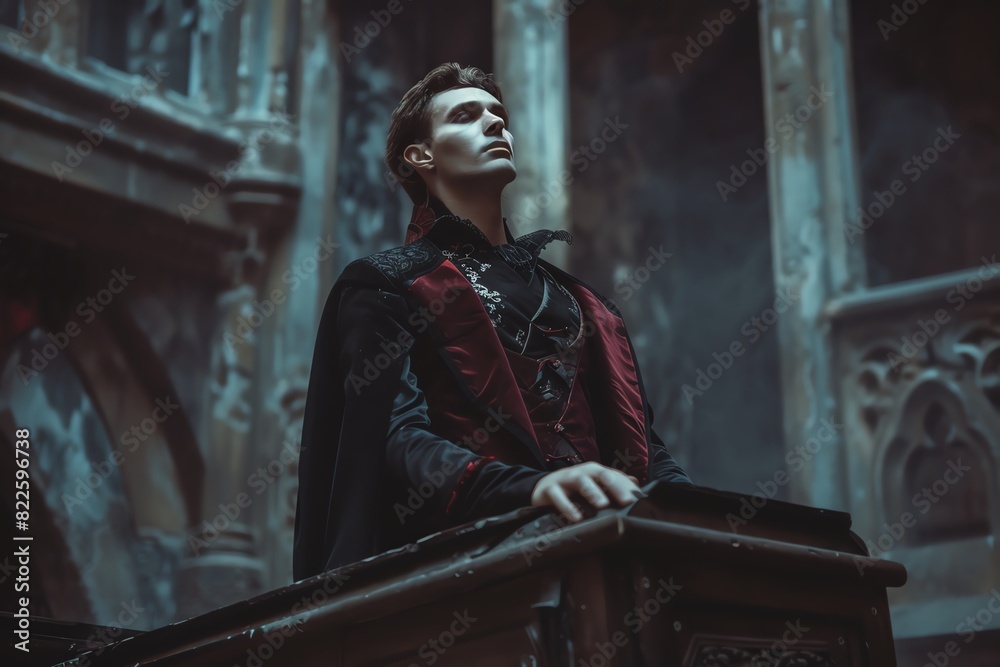 Vampire Visualize a Vampire elegantly dressed, emerging from a coffin ...