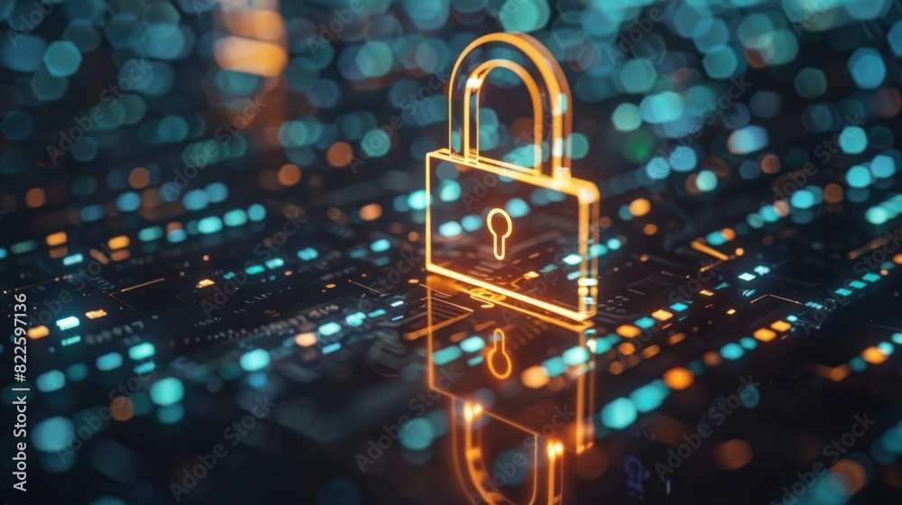 Cybersecurity concept with a digital lock on a data stream Stock ...