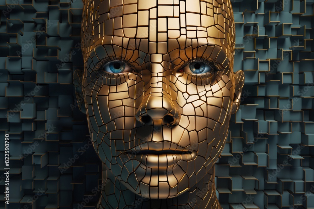 golden human's face with 3D cubes and particles in space as symbol of ...