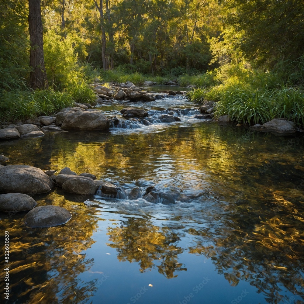 Serene stream flows gently through lush forest, reflecting golden hues ...