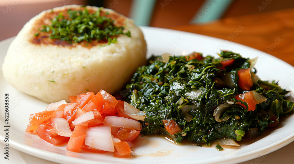 Plate of east african cuisine, featuring ugali, sautéed greens (sukuma ...