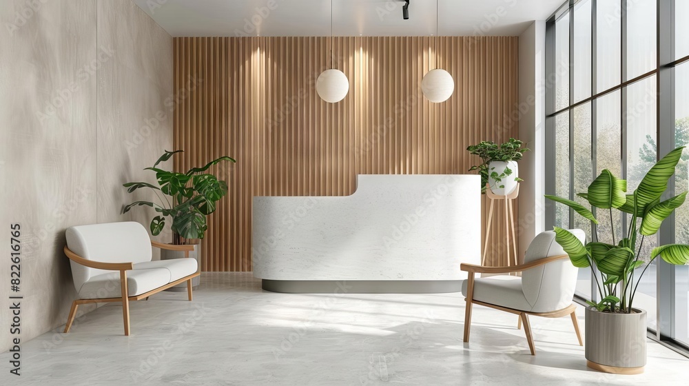 bright and modern waiting room interior with reception desk chairs and ...