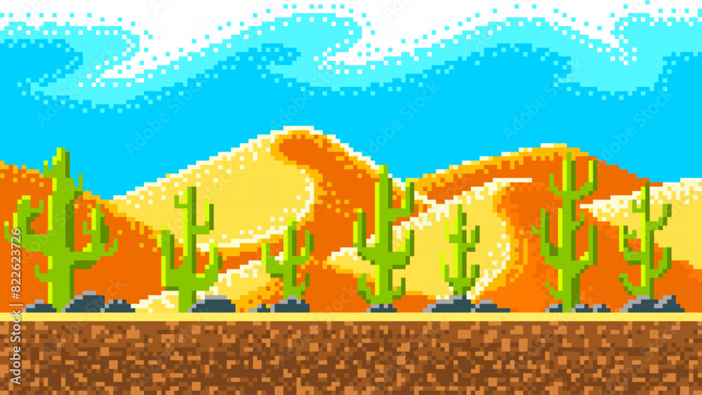 Cacti and mountains in the desert. Pixel art 8 bit objects. landscape ...