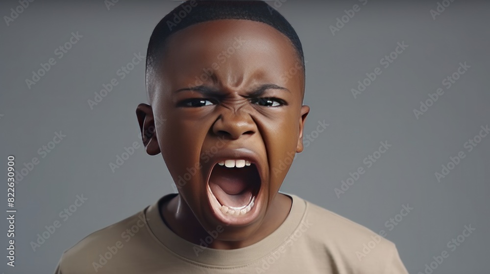 Angry irritated African American boy. Full of rage. Emotional portrait ...
