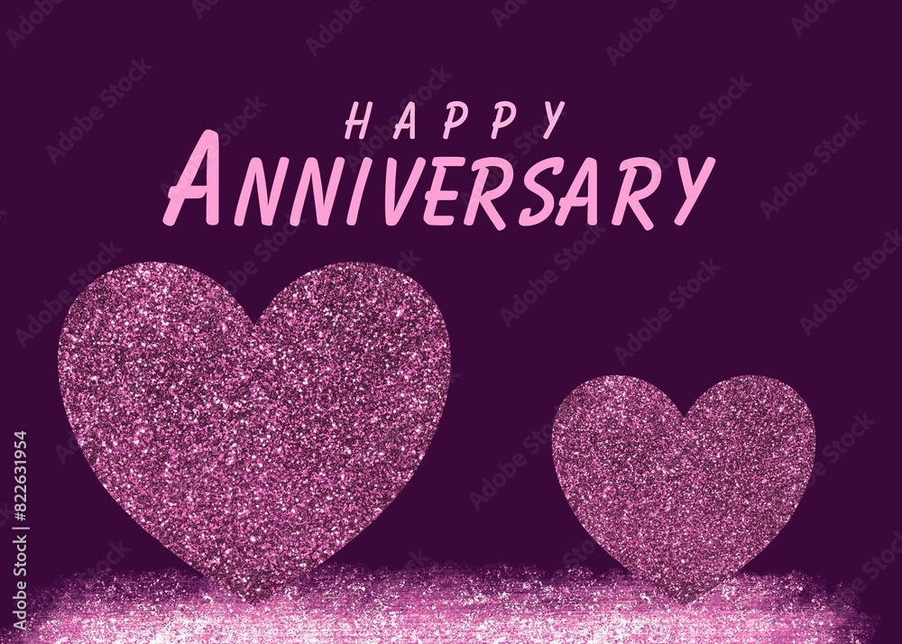 Happy Anniversary card design with glitter hearts and dark purple ...