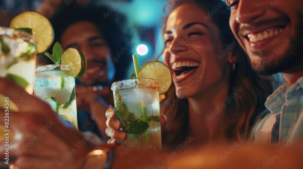 Cheering over mojitos in a happy group of friends at the restaurant ...