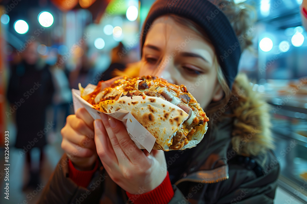 Foto de Eating giant fast food kebab, indulging in a large and greasy ...