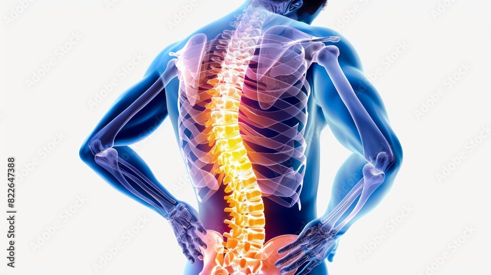 Rear view of a man holding his lower back in pain, with an overlay ...