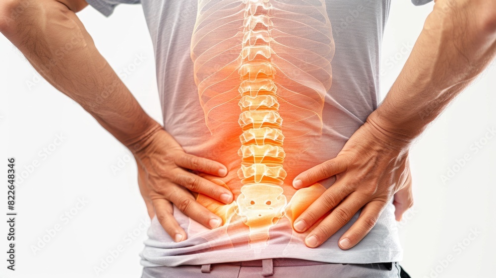 Rear view of a man holding his lower back in pain, with an overlay ...