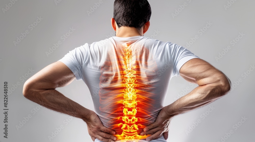 Rear view of a man holding his lower back in pain, with an overlay ...