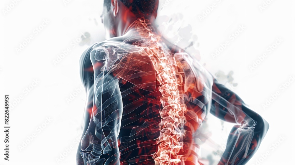 Rear view of a man holding his lower back in pain, with an overlay ...