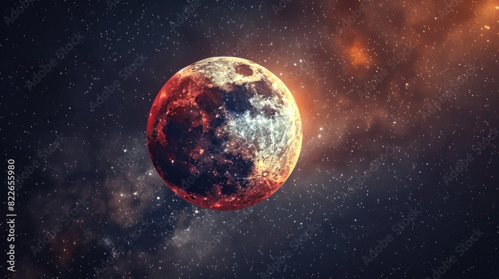 Red moon glowing in a starry sky. Crimson lunar surface amidst stars ...