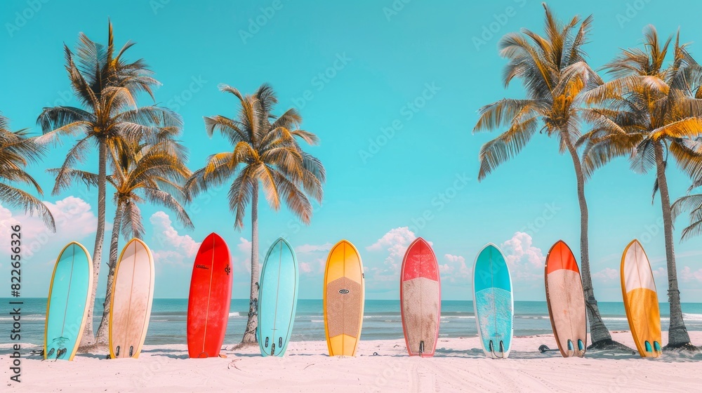Colorful surfboards standing upright on a sandy beach with palm trees ...
