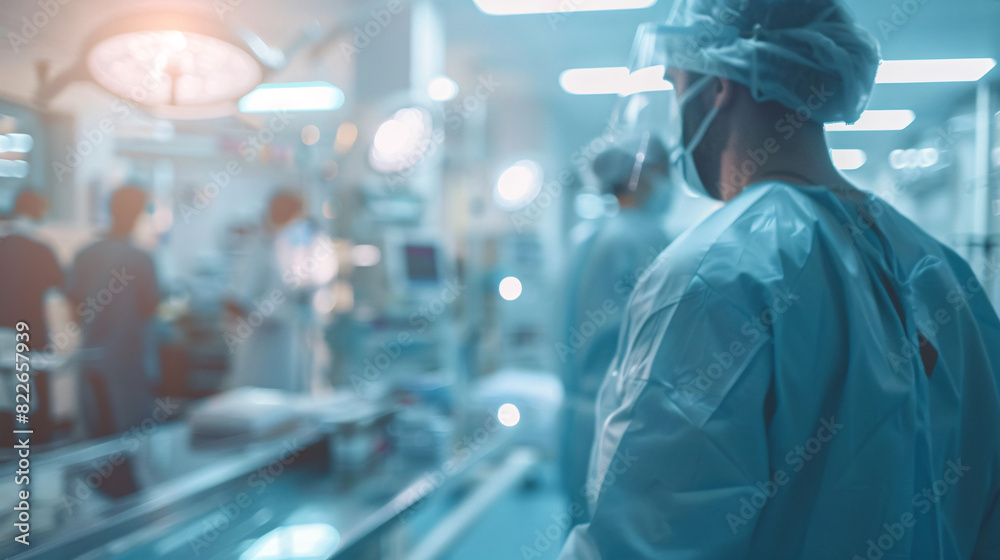 Surgeon in operating room. Rear view of a surgeon in full PPE observing ...