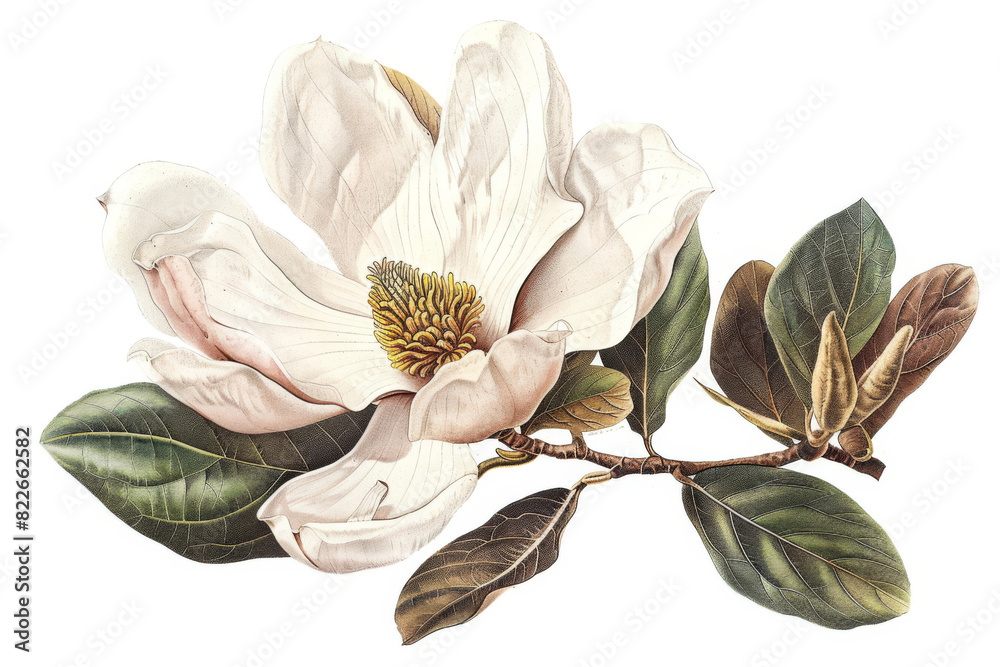 Detailed antique botanical magnolia illustration. A vintage hand-drawn ...