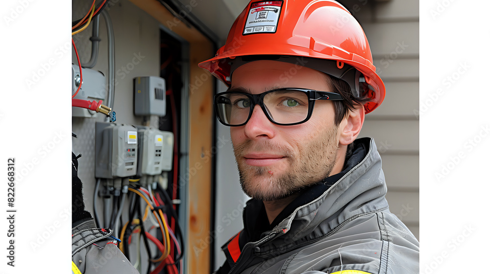 Portrait of a confident electrician wearing a hard hat and safety ...