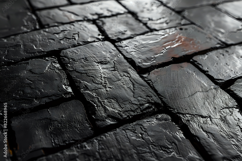 Close-up of dark, wet cobblestone pavement, creating a dramatic and ...