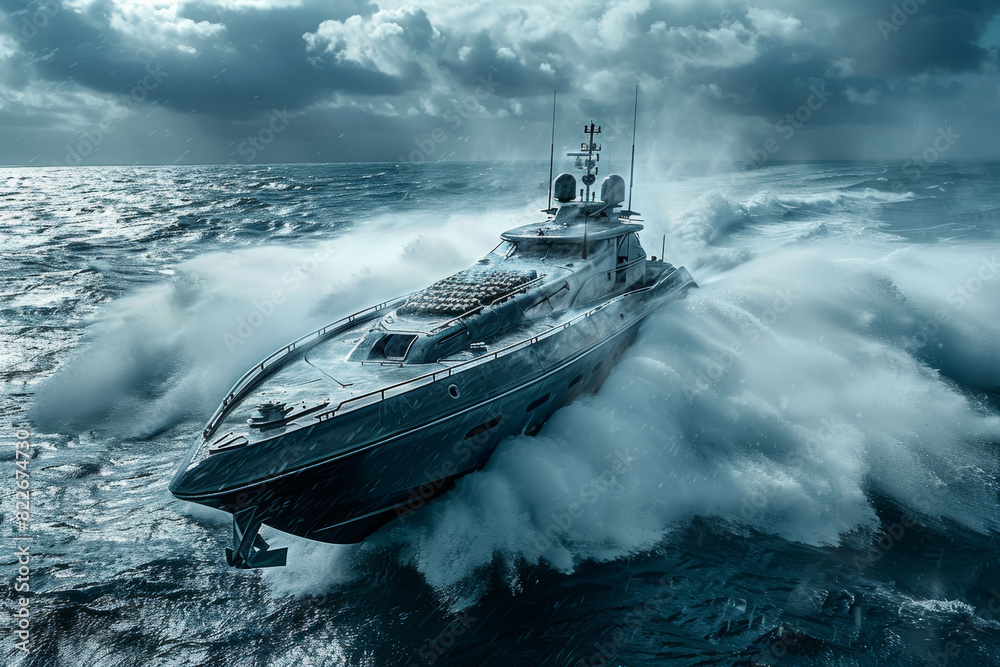 Tactical assault boat speeding across choppy waters, carrying elite ...