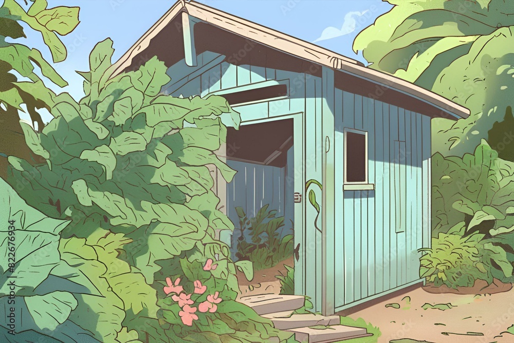 Cartoon abandoned blue shack in lush forest, overgrown foliage, rustic ...