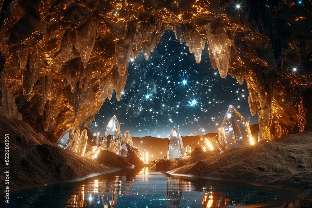 : A mystical cave with walls of glowing crystal, reflecting light from ...