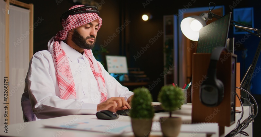 Muslim broker investor employee wearing islamic kandora in office ...