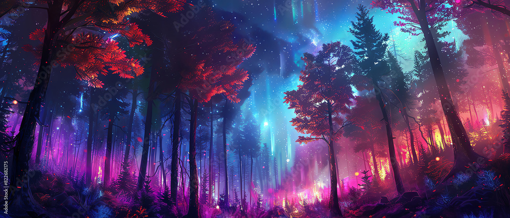 A vibrant forest scene with red maple leaves, tall trees and the ...