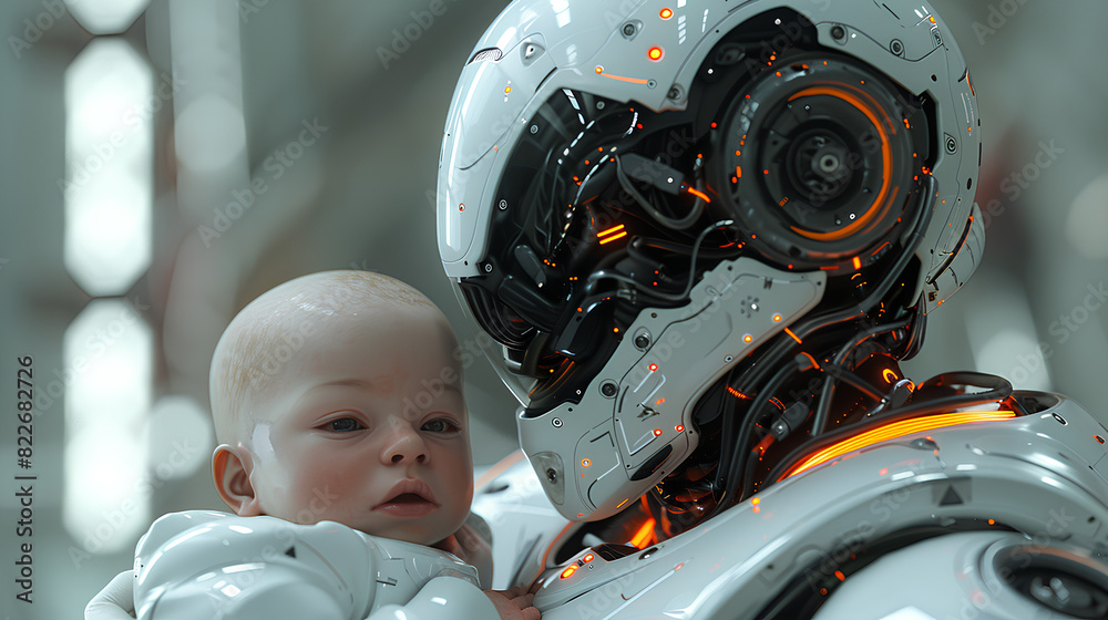 Motherhood concept, an android robot takes care of a baby. Artificial ...