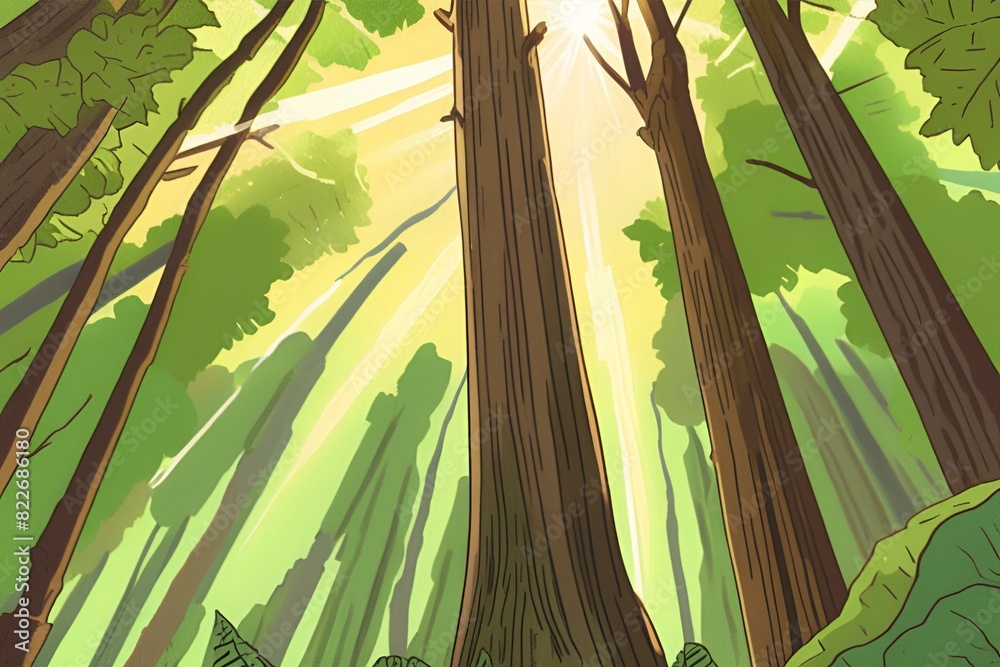 Cartoon Sunlight filtering through lush green forest canopy, tall trees ...