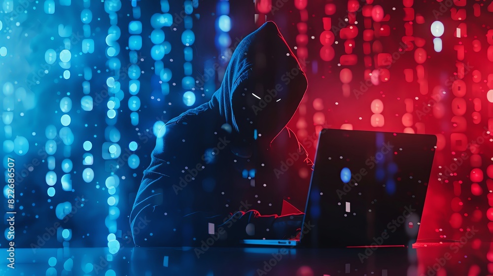 A hacker in a black hoodie with a laptop working on computer network security and cyber attack ...