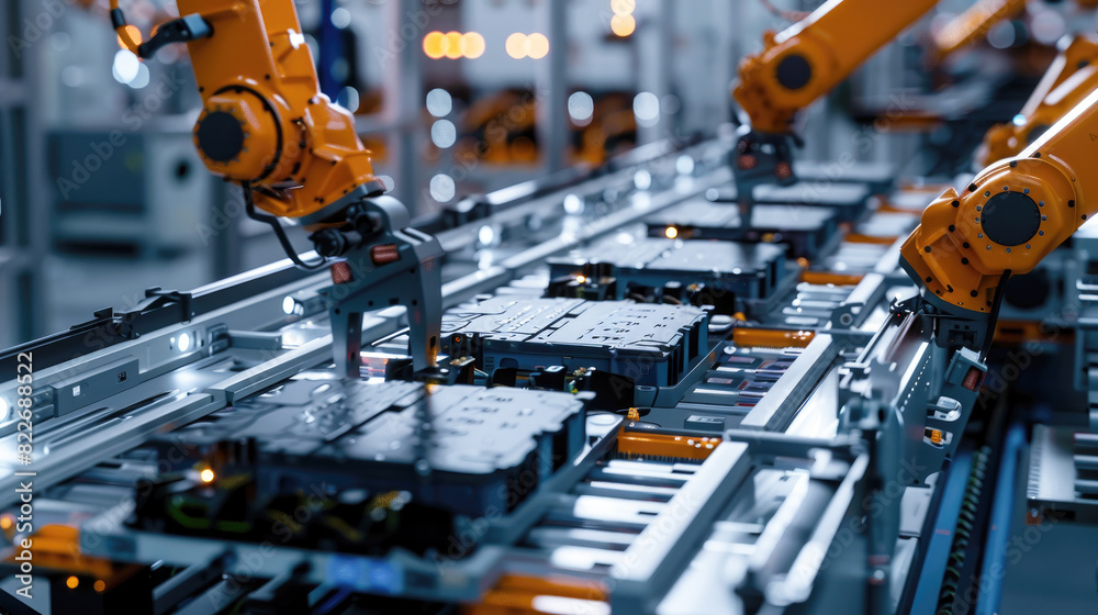 Robots assembling electric car batteries at automated line in modern ...