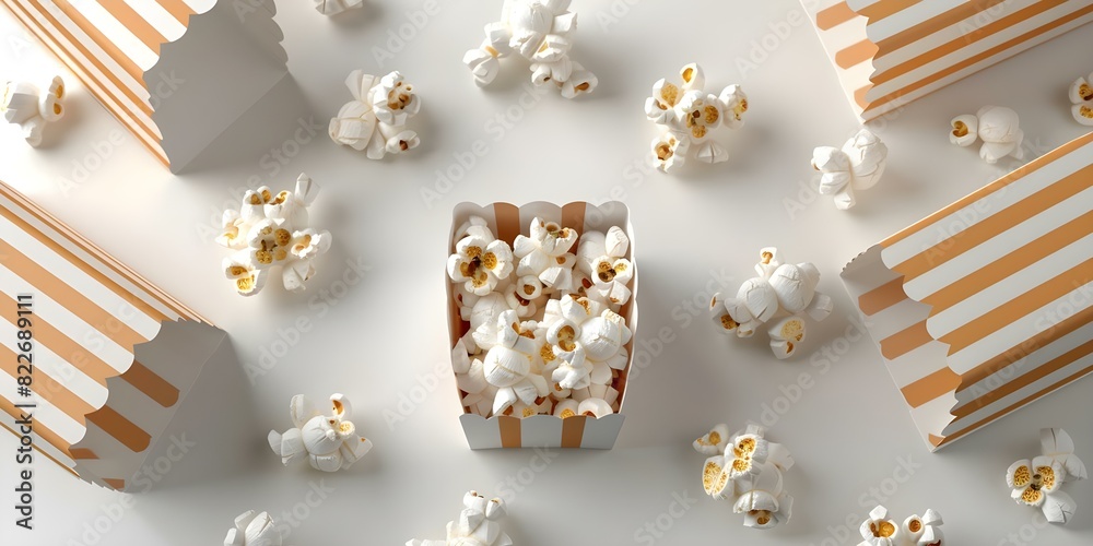 Realistic mockup of striped paper boxes of popcorn and snacks on white ...
