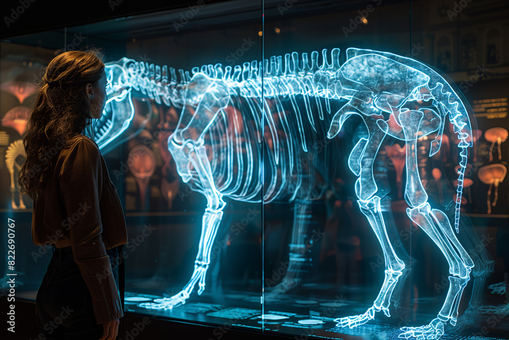 A high-tech exhibit in the Future Animal Museum showcasing holographic ...