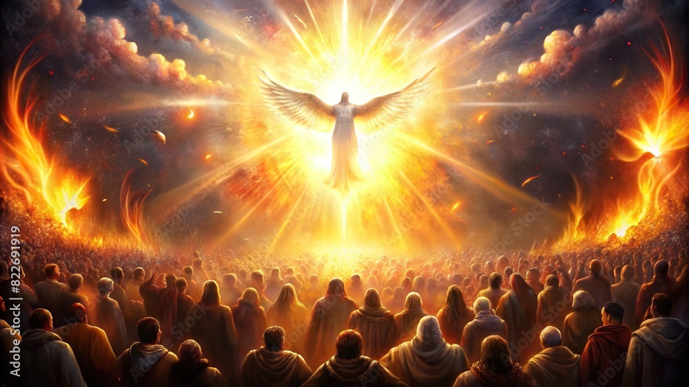 Dramatic depiction of the Pentecost event, with people illuminated by ...