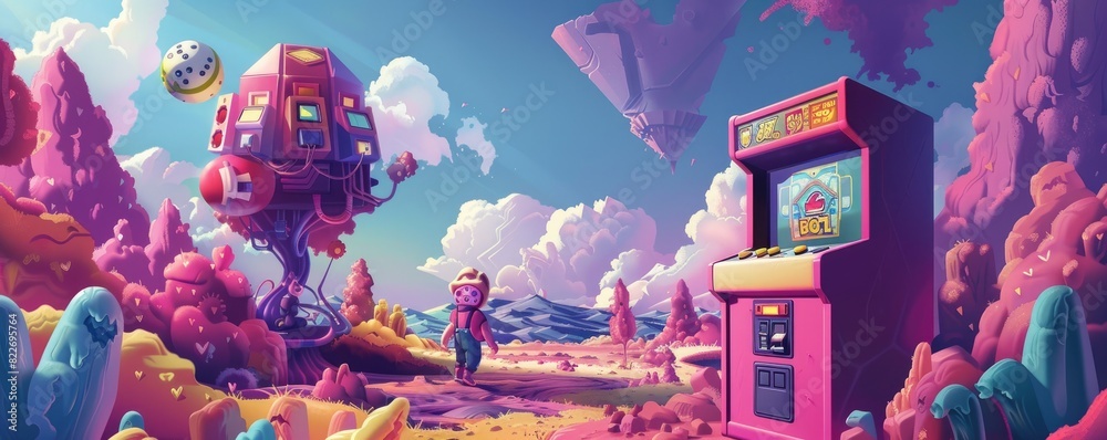 A vibrant, surreal landscape filled with vintage arcade game characters ...