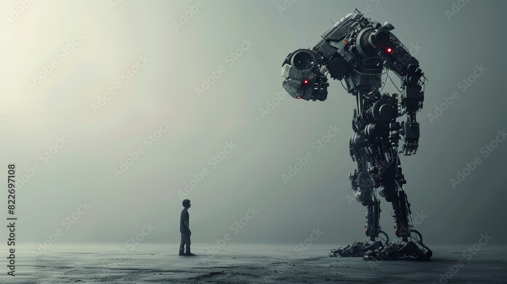 small man in front of giant robot, modern david and goliath concept ...