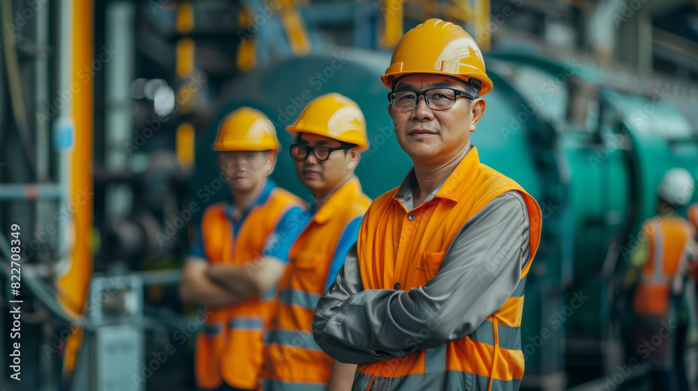 Three confident industrial workers wearing hard hats and safety vests ...
