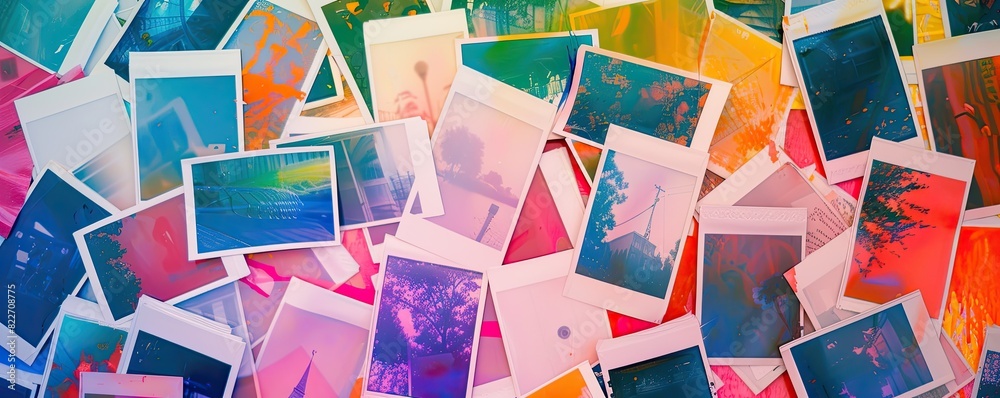 Polaroid photos scattered with colorful abstract overlays, creating a ...