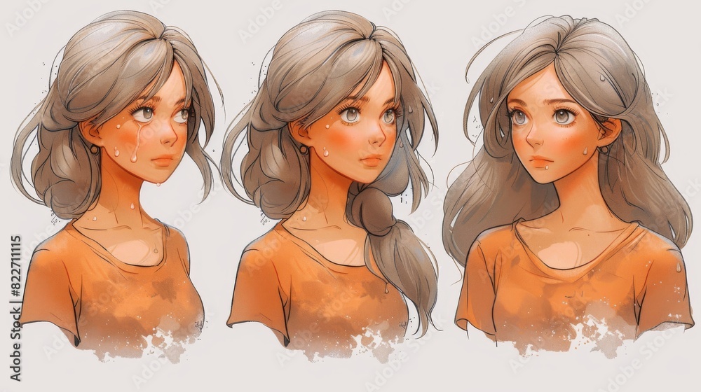 This is an isolated sweating girl cooling herself with a fan modern ...